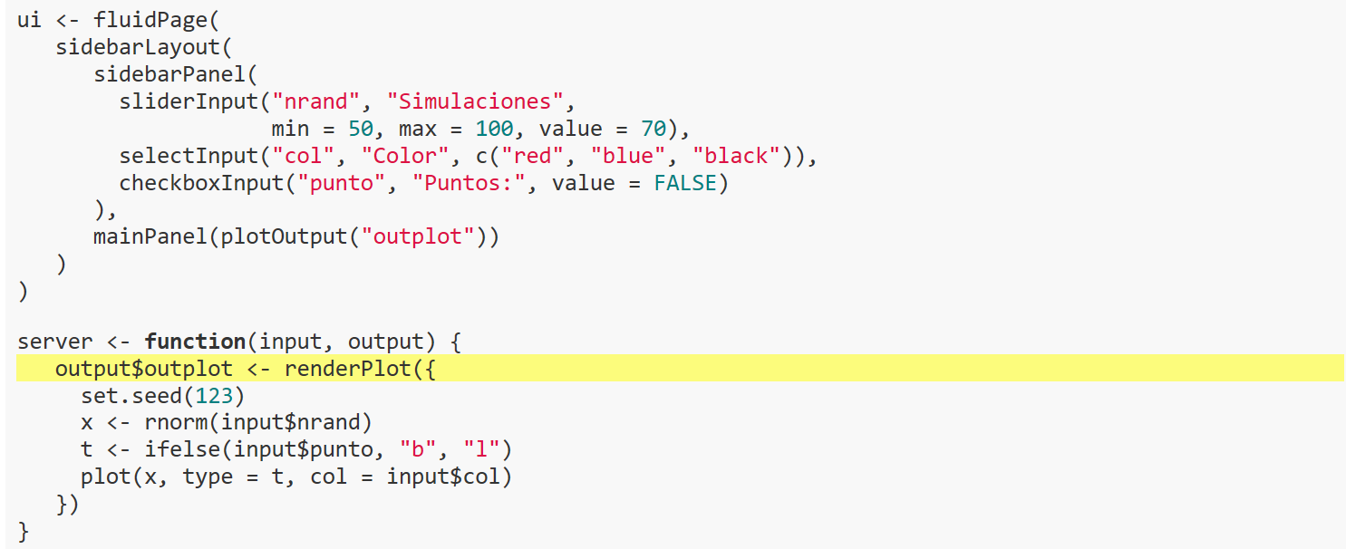 renderPlot define un tipo de salida gráfica Existen otros tipos de salidas, como tablas ...
